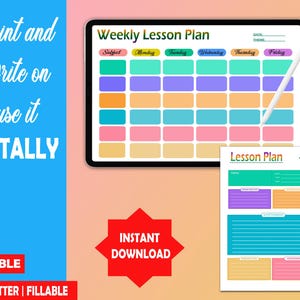 Colorful Lesson Plan Template, Printable & Fillable, Homeschool Teacher ...