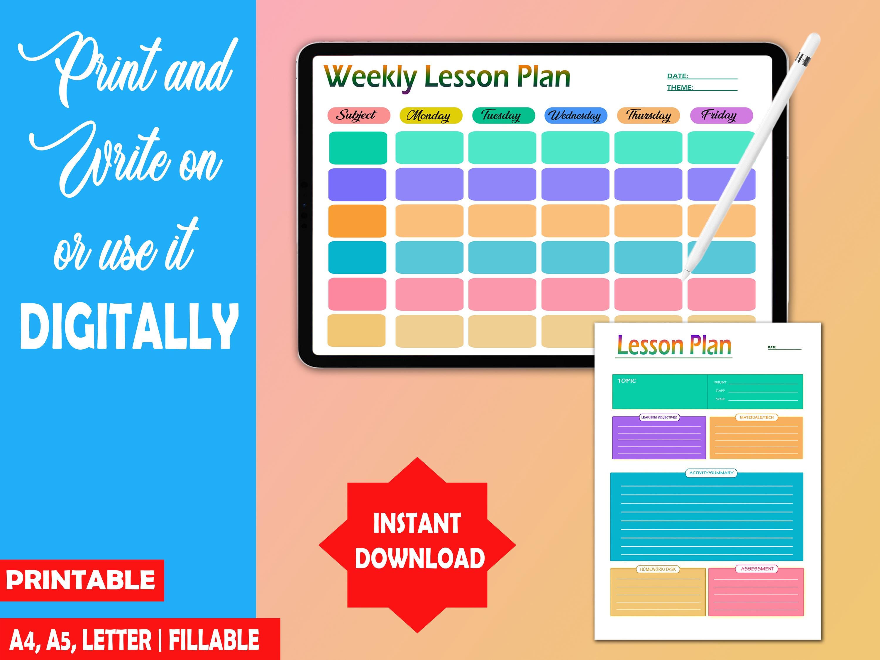 Colorful Lesson Plan Template, Printable & Fillable, Homeschool Teacher ...