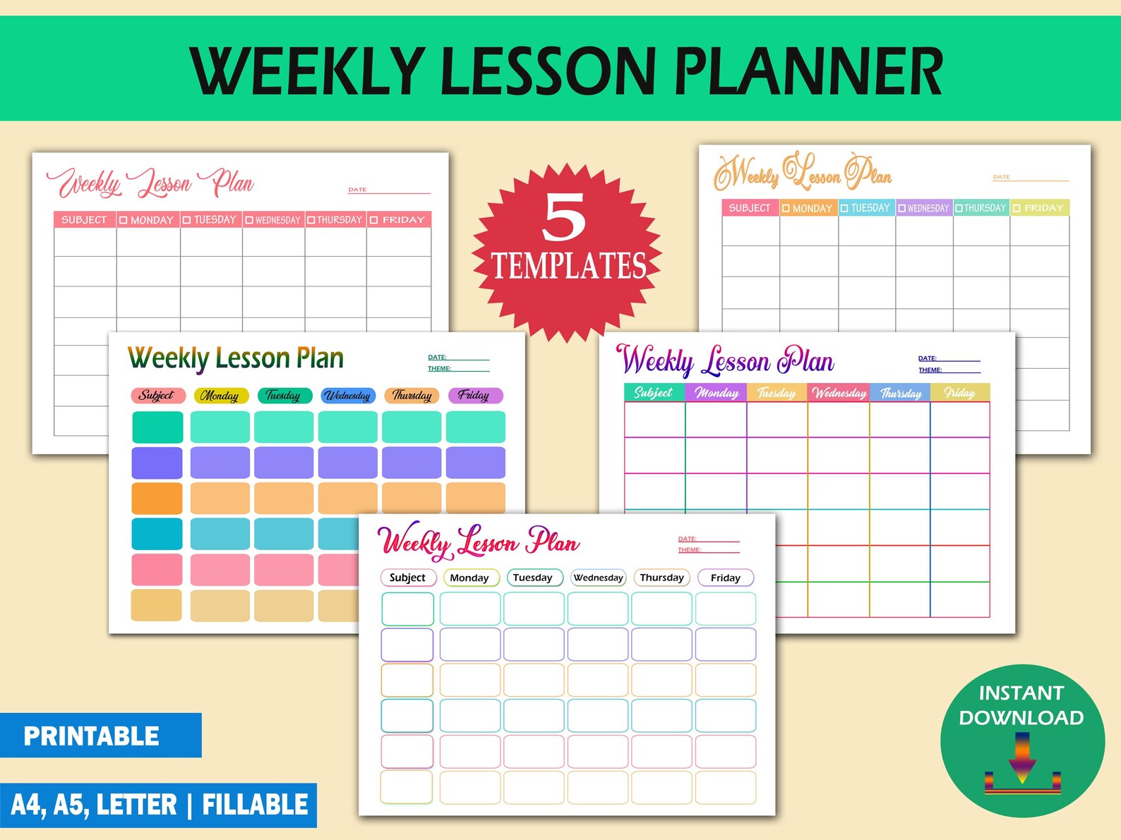 Weekly Lesson Plan Template, 5 Pg BUNDLE, Teacher Lesson Planner ...