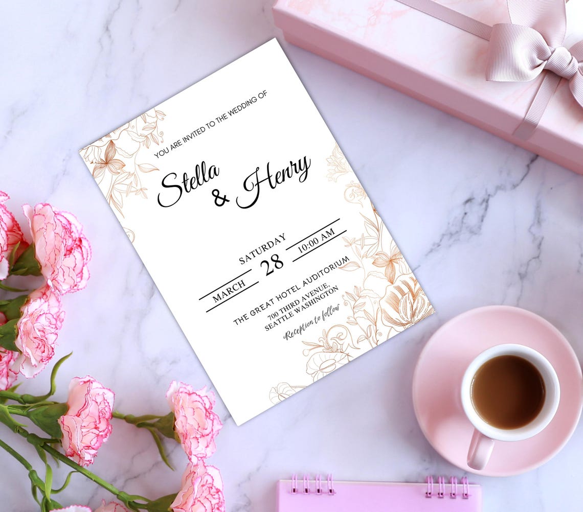 Elegant Brown Floral Wedding Invitation Template - Editable Template ...