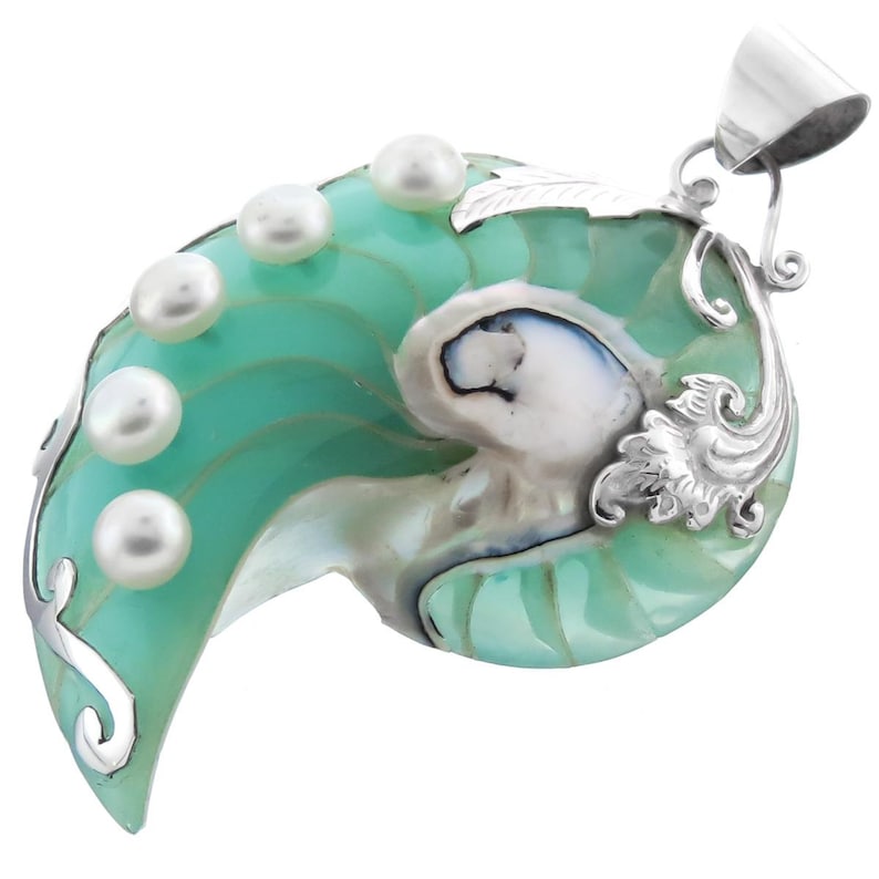 3" Turquoise Blue Nautilus Shell Pearl 925 Sterling Silver Pendant - Etsy