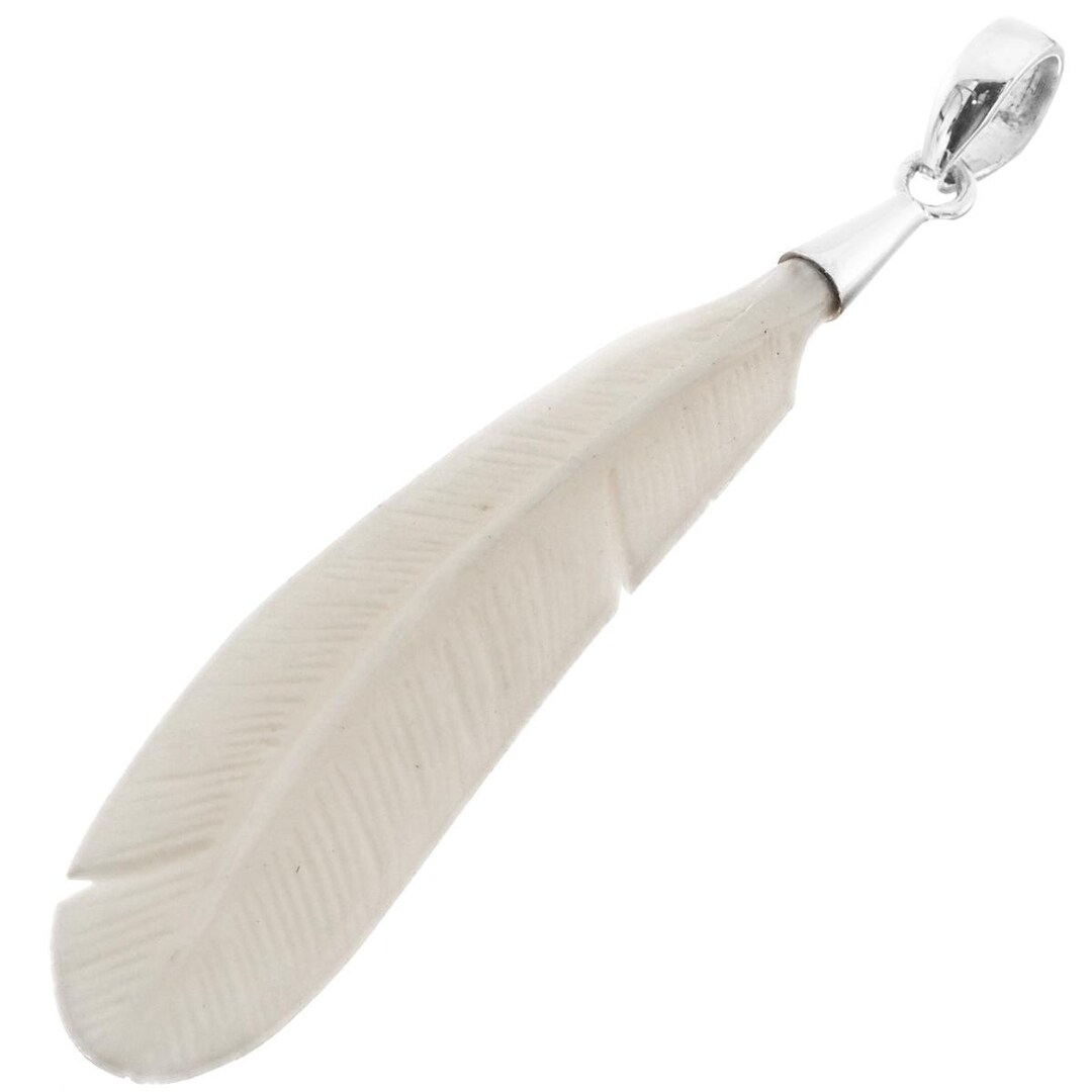 2 3/8" Handcarved Feather Bison Bone Carving 925 Sterling Silver ...