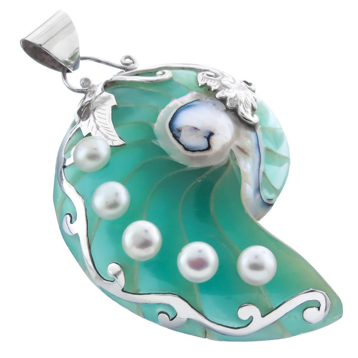 3" Turquoise Blue Nautilus Shell Pearl 925 Sterling Silver Pendant - Etsy