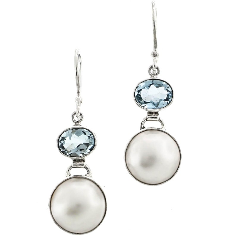 7/8" Pacific Ocean White Mabe Pearl Blue Topaz 925 Sterling Silver ...