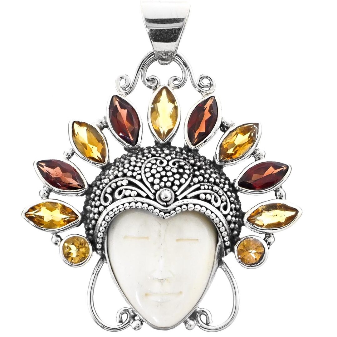 2 1/8" Gorgeous Bali Mixed Gems Goddess Bone 925 Sterling Silver ...