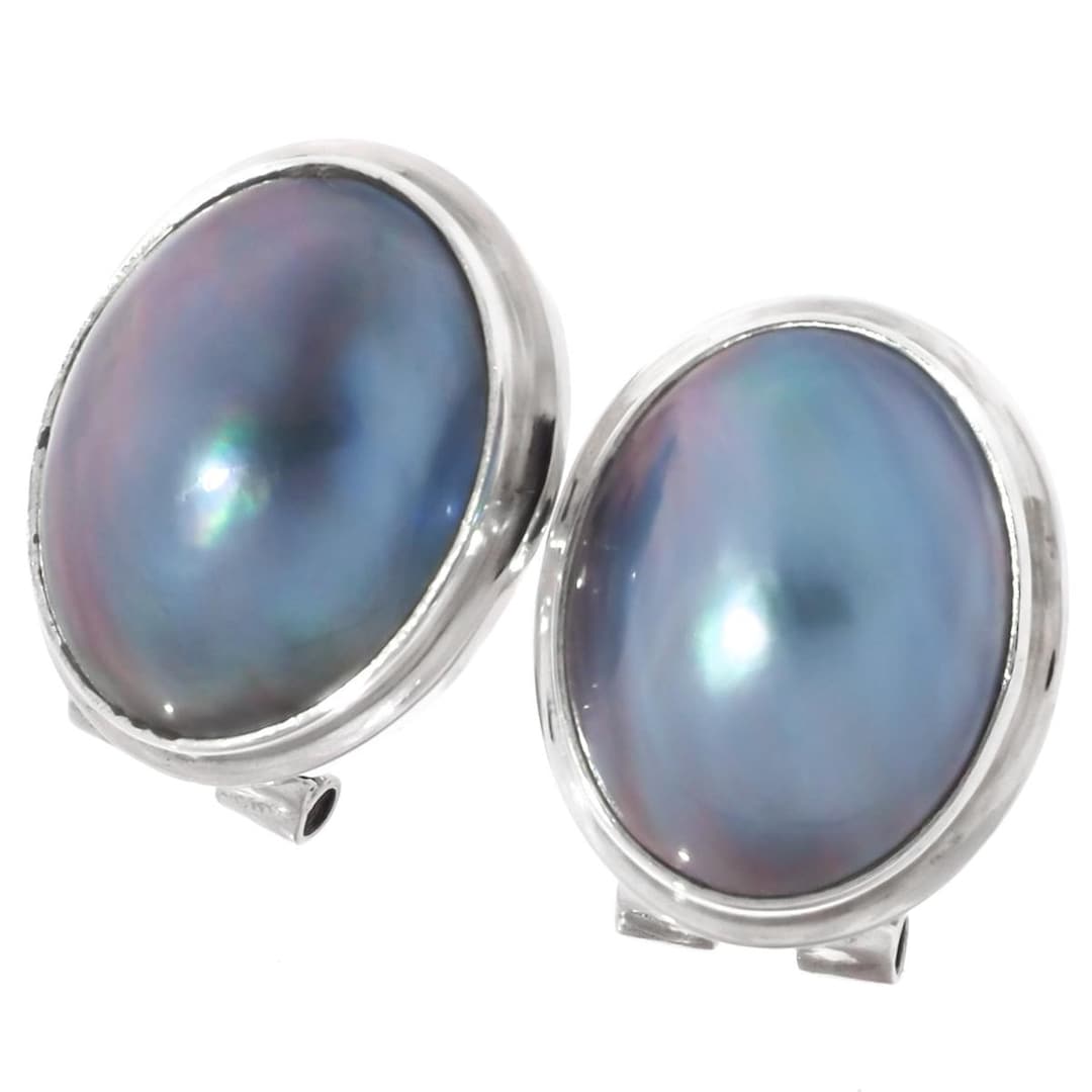 9/16" Oval Pacific Ocean Blue Mabe Pearl 925 Sterling Silver Omega Stud ...