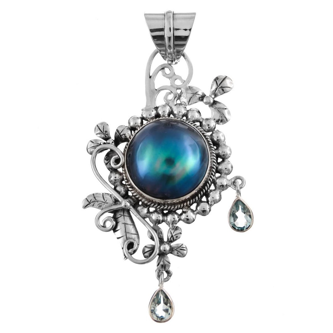 2 3/16" Handcrafted Blue Mabe Pearl Blue Topaz 925 Sterling Silver ...