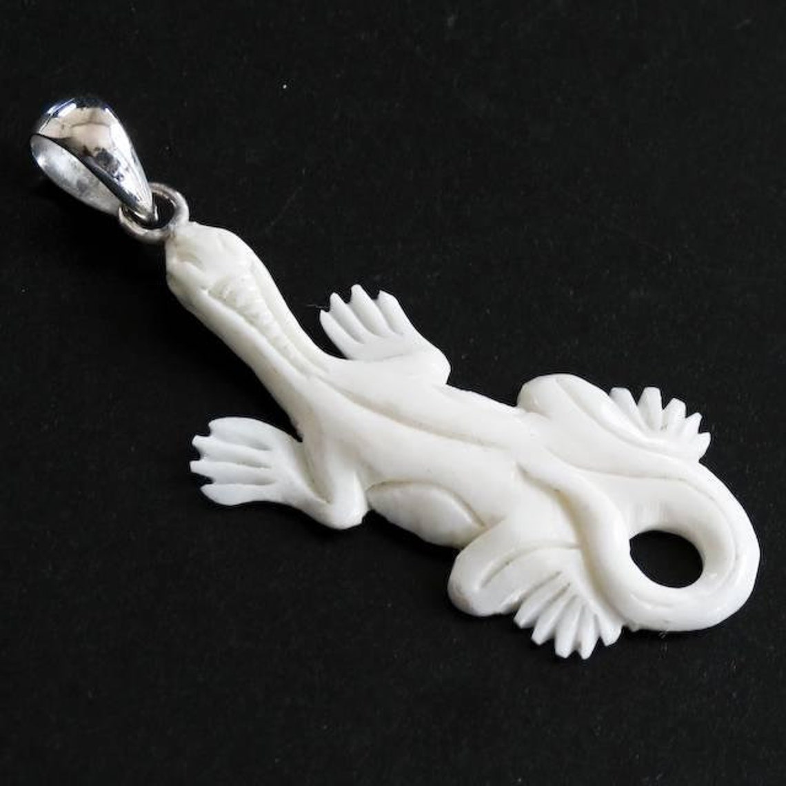 2 1/8" Bali Handcarved Gecko Bison Bone 925 Sterling Silver Pendant - Etsy