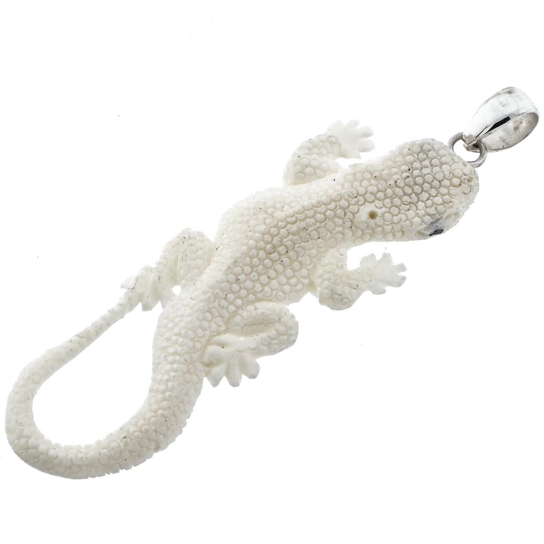 3" Handcarved Gecko Lizard Bison Bone Bovine 925 Sterling Silver ...