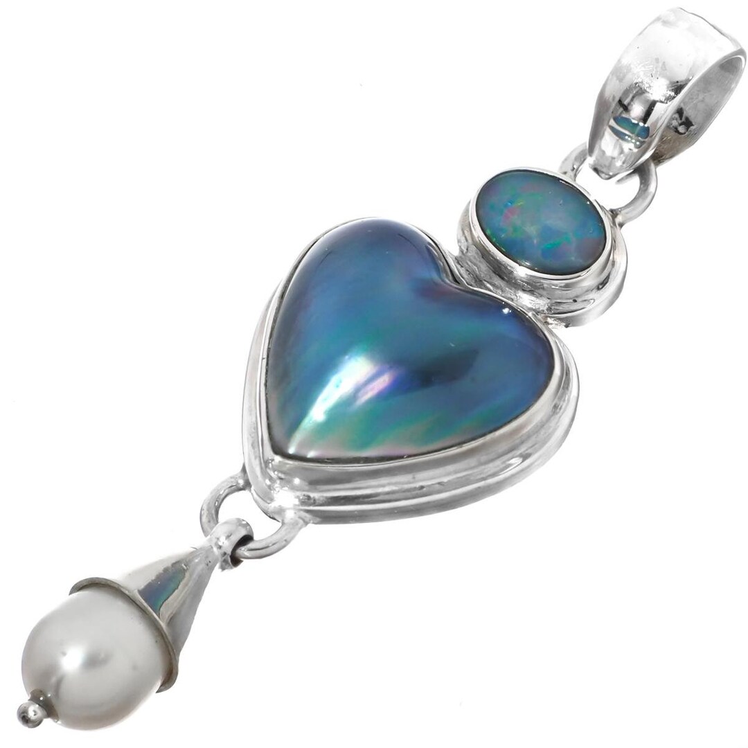 1 9/16" Heart Blue Mabe Pearl Australian Opal Gems 925 Sterling Silver ...