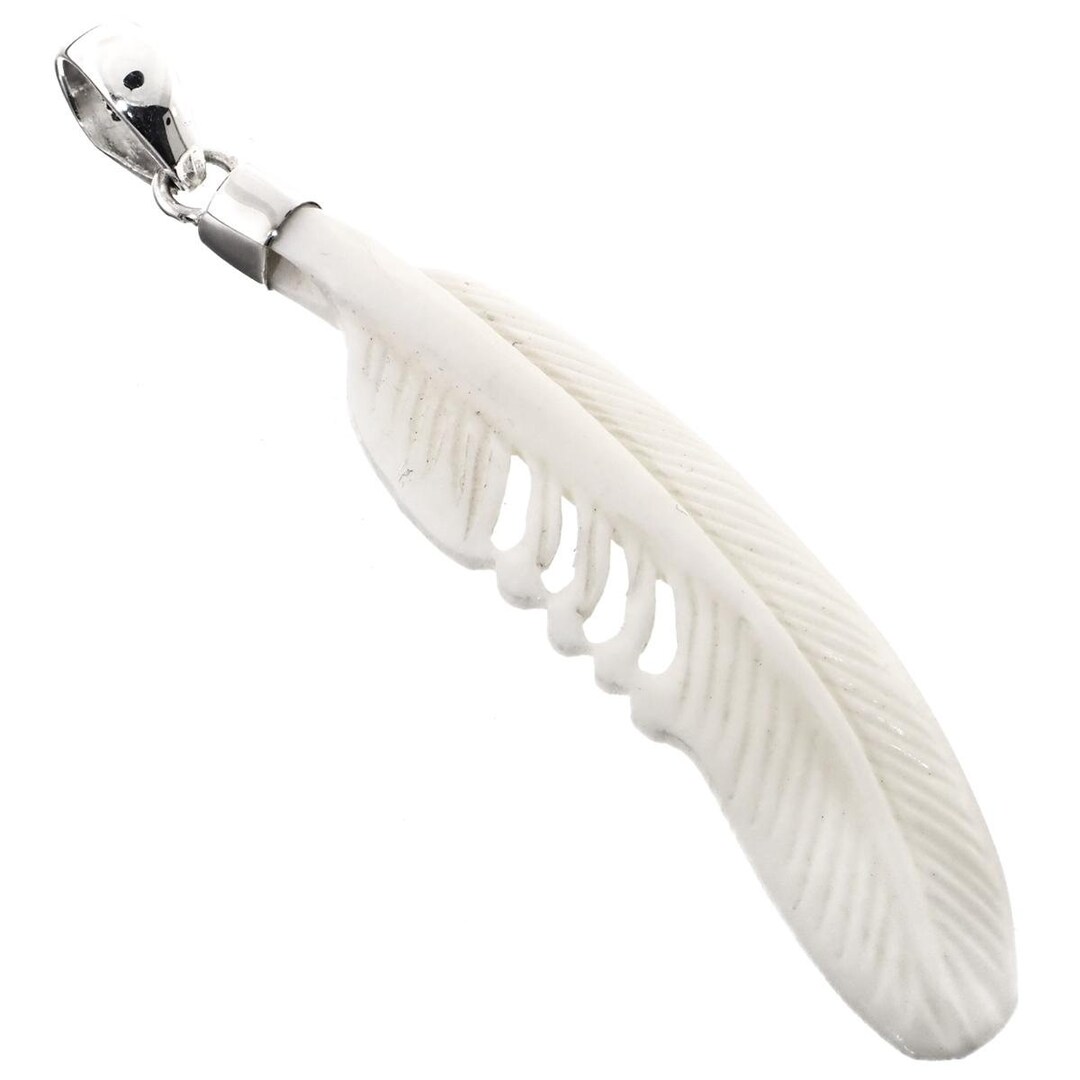 925 Sterling Silver Handcarved Feather Bison Bone Carving Pendant, 2 3/ ...