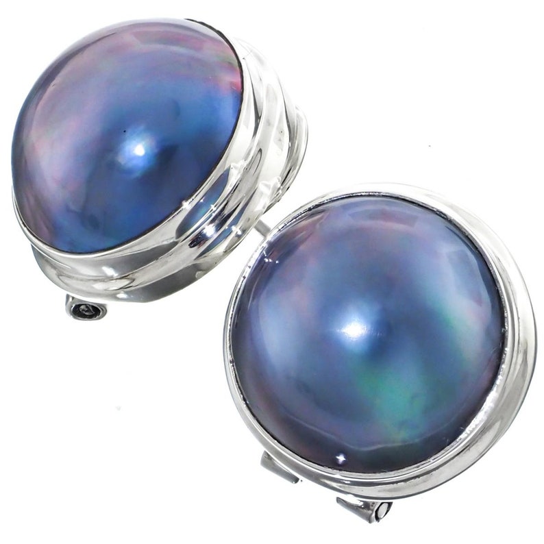 3/4" Cool 15mm Blue Mabe Pearl 925 Sterling Silver Omega Post Earrings ...
