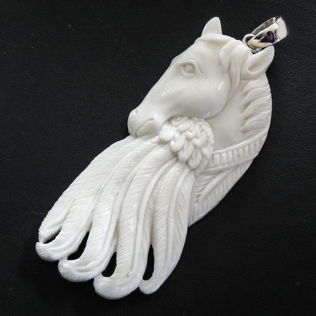 925 Sterling Silver Handcarved Horse Feathers Bison Bone Sterling ...