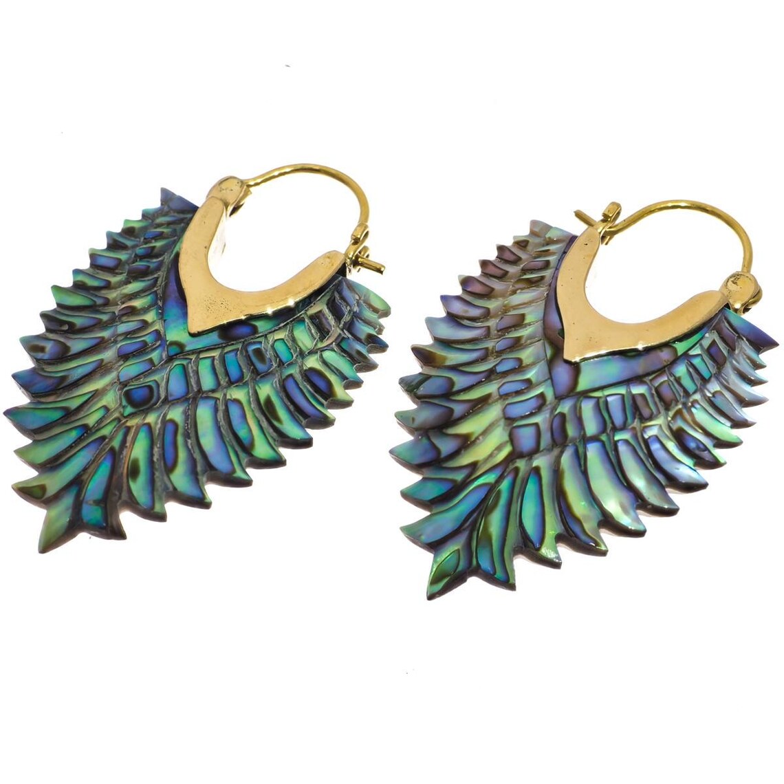 Exquisite Paua Abalone Shell Leaf Hand Carving Brass Earrings, 1 5/8 ...