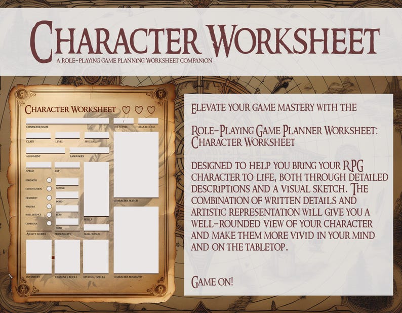 Role-playing Game Planner Worksheet: Character Worksheet - Etsy