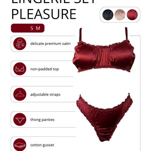 Elegant Satin Lingerie Set With Ruffles: Light Burgundy Top and Thong ...