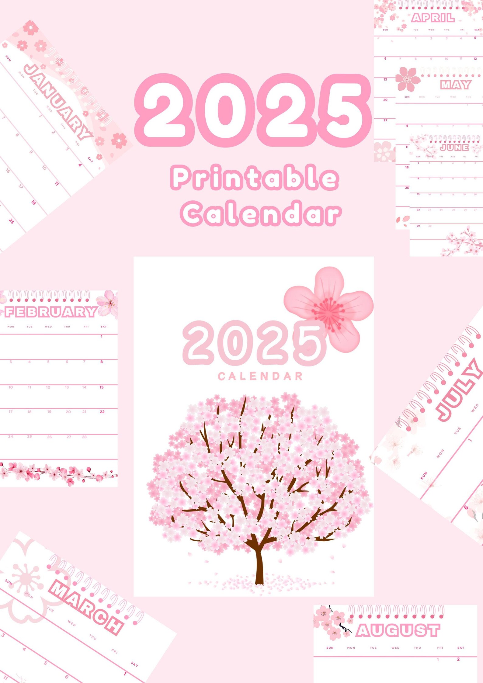 2025 Sakura Calendar, 2025 Printable Calendar, 2025 Cherry Blossoms ...