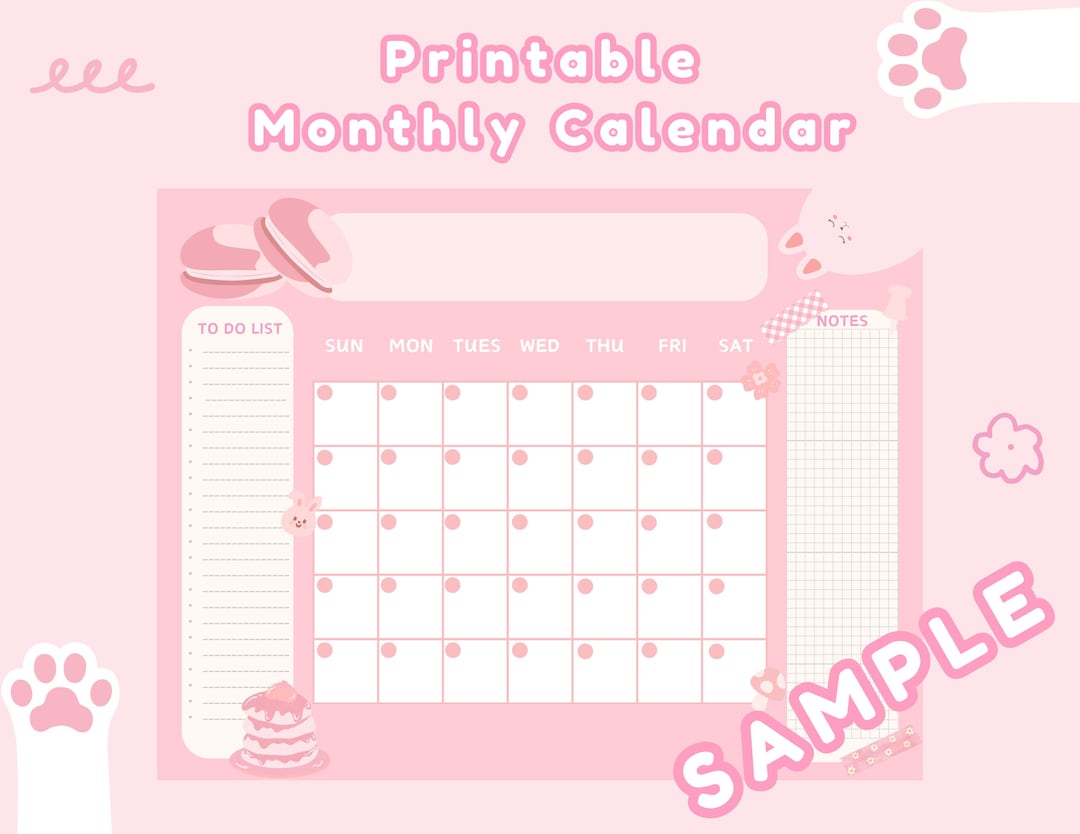 Pink Printable Monthly Calendar, Cute Printable Calendar, Kawaii ...