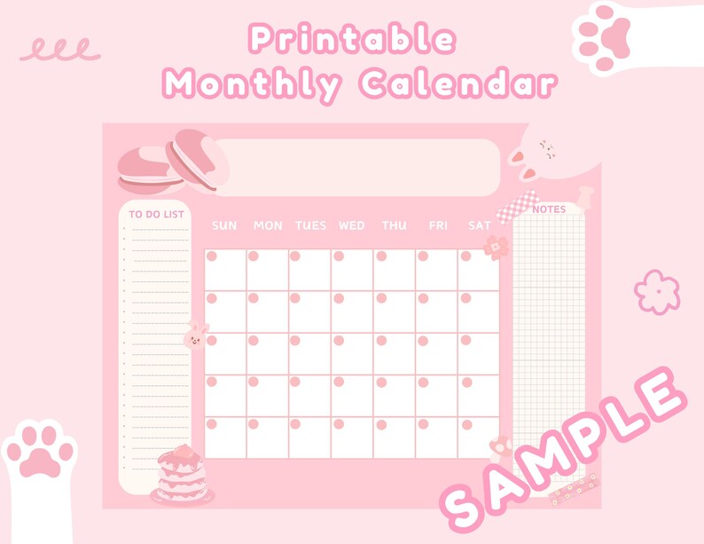 Pink Printable Monthly Calendar, Cute Printable Calendar, Kawaii ...