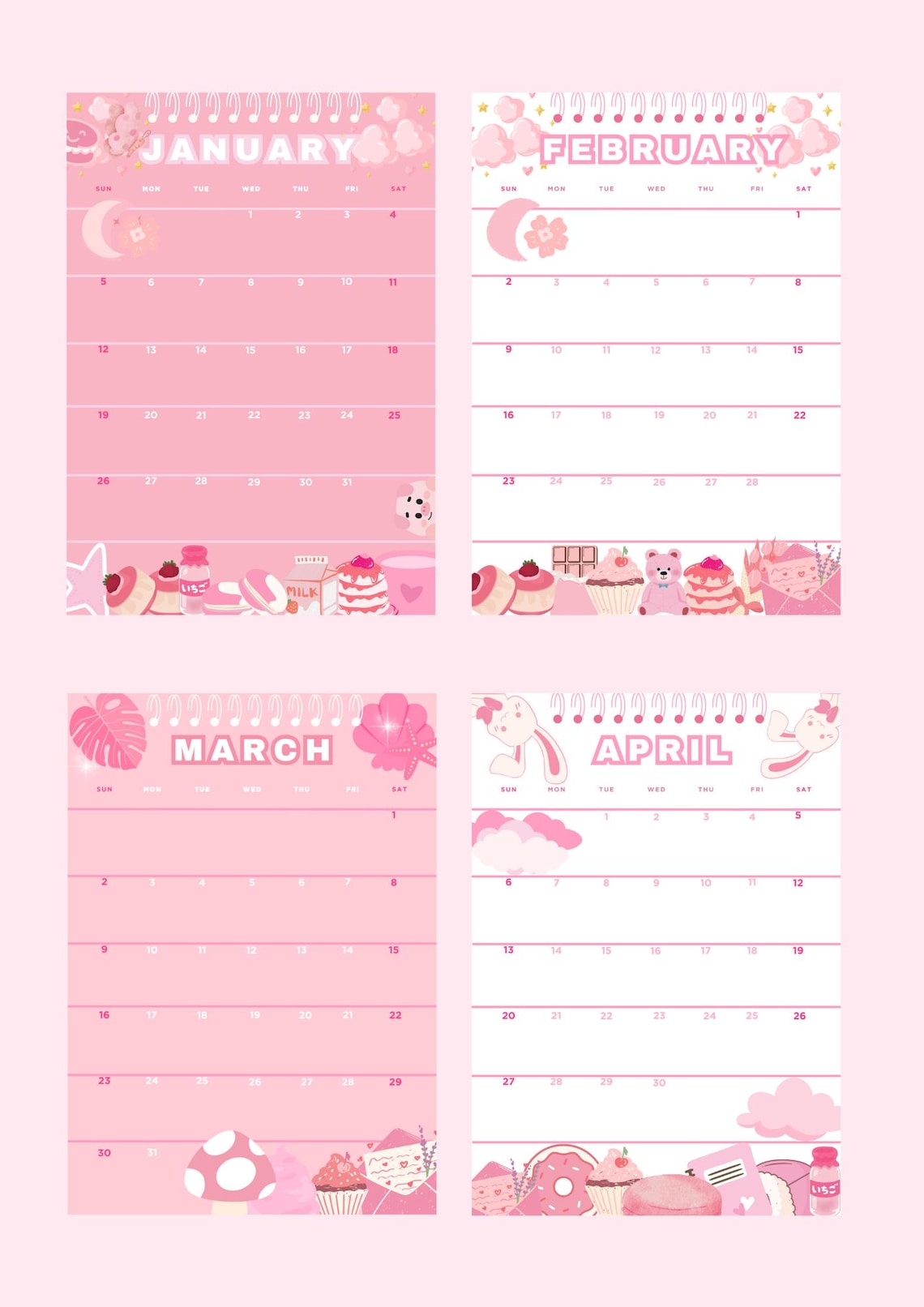 2025 Pink Calendar, Cute Pink Calendar, 2025 Printable Calendar, Pink ...