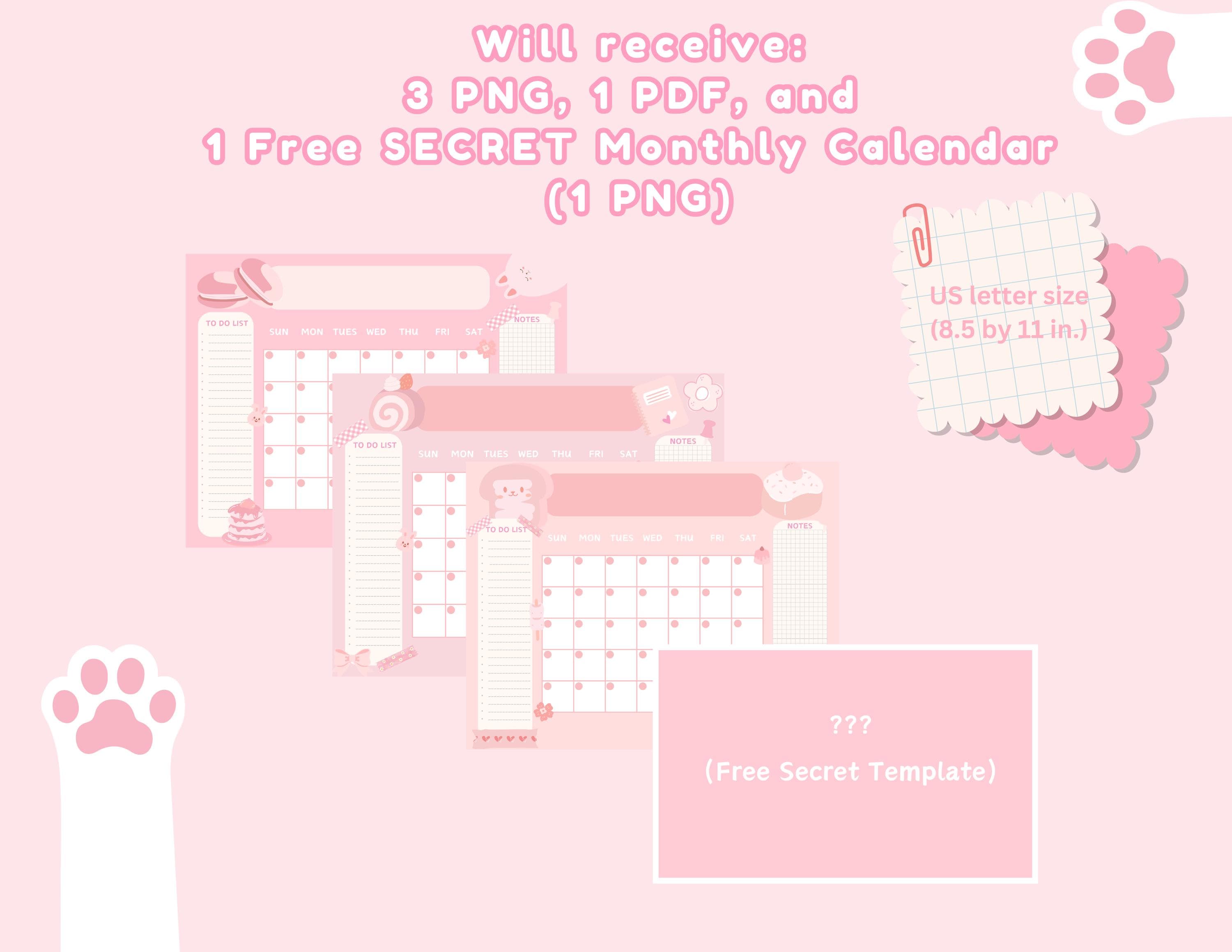 Pink Printable Monthly Calendar, Cute Printable Calendar, Kawaii ...