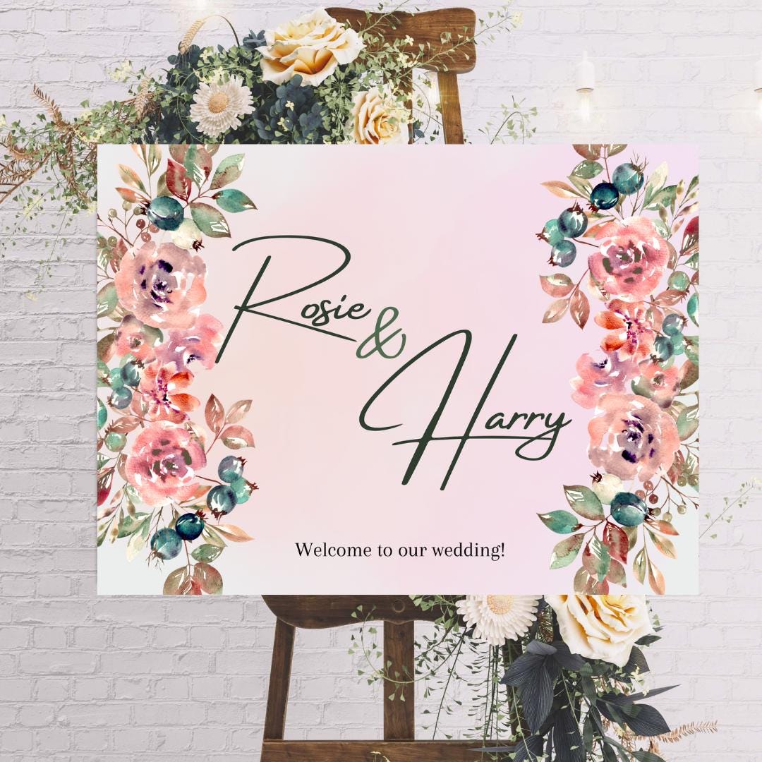Wedding Welcome Sign Pink Flower Editable Template for Download ...