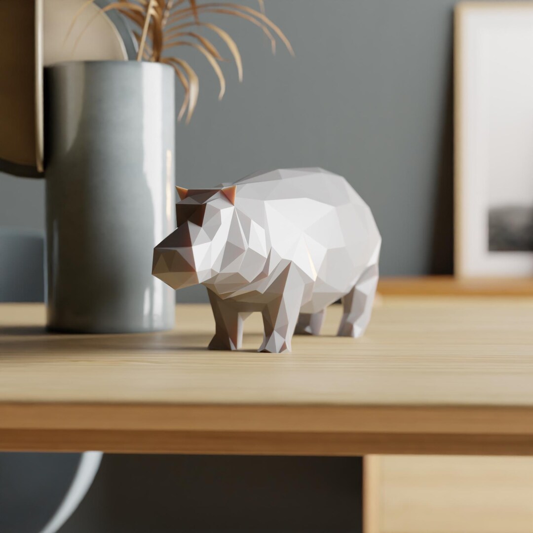 Geometric Hippo Statue – Grey Hippo Decor – Modern Low Poly Animal ...