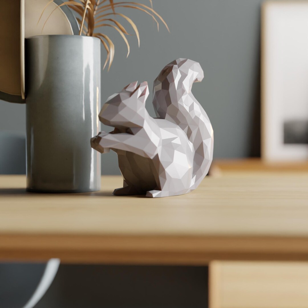 Geometric Squirrel Statue – Grey Squirrel Décor – Modern Low Poly ...