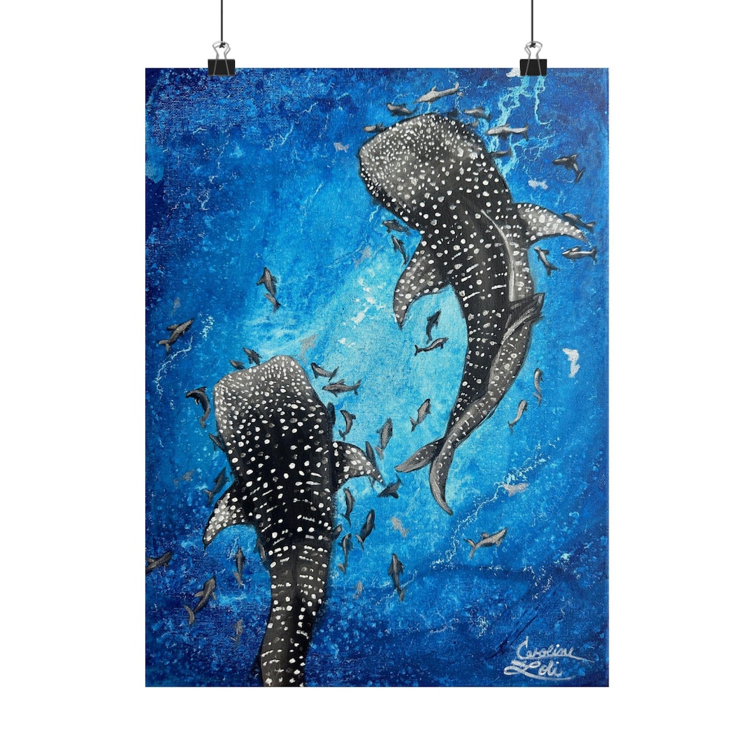 Acrylic Painting of Two Whale Sharks Swimming With Fish Tranquil Ocean ...