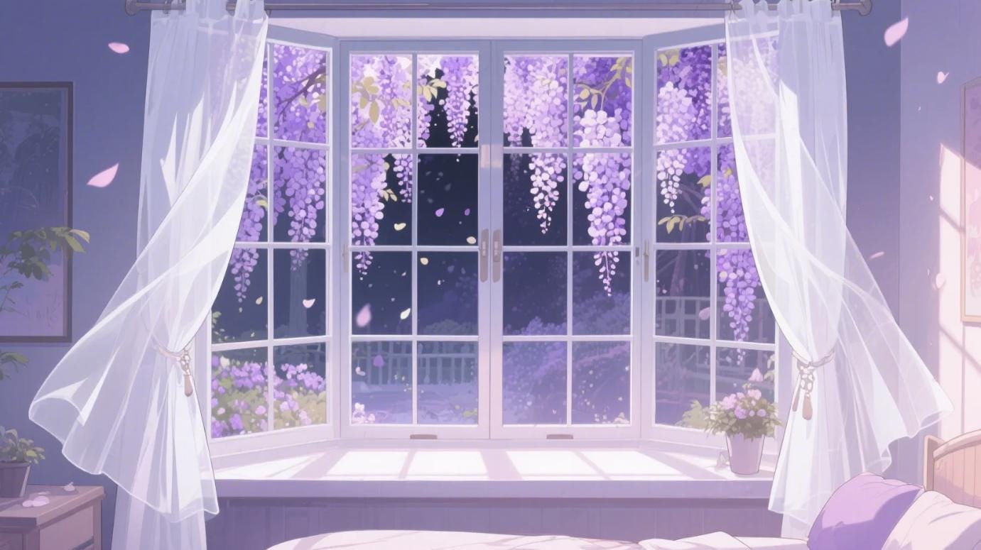 Vtuber Animated Background – 4K Night Window With Wisteria | Cozy Anime ...