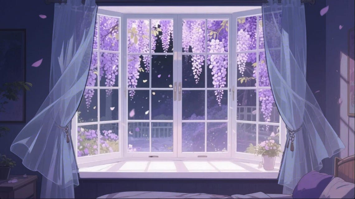 Vtuber Animated Background – 4K Night Window With Wisteria | Cozy Anime ...