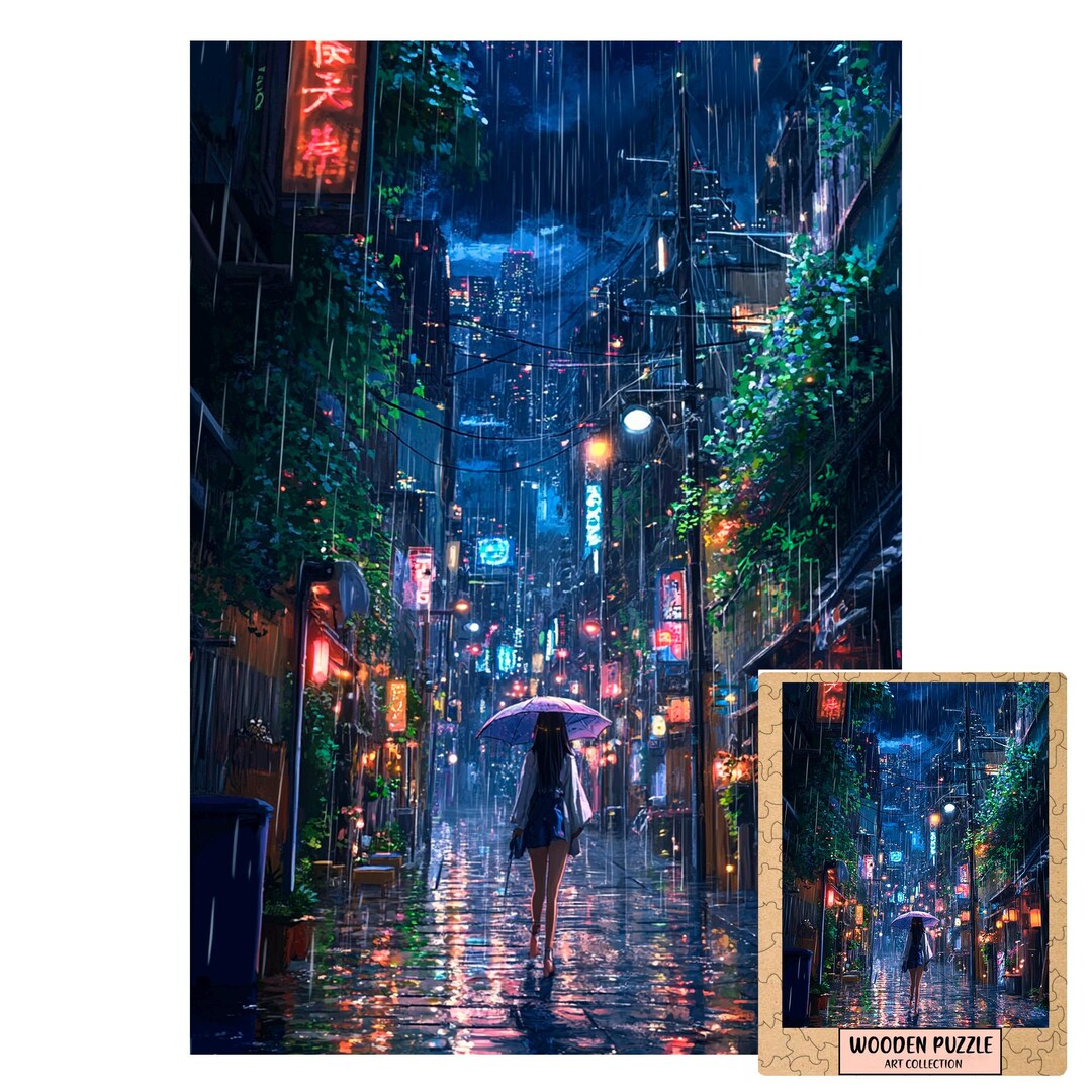 Anime Girl in Blue Neon Alley Puzzle | Rainy Tokyo Night Wooden Puzzle ...