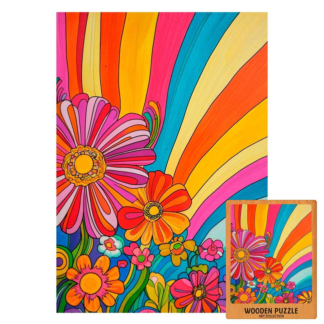 Flower Power Wooden Puzzle – Vibrant Retro 70s Art With Rainbow Colors ...