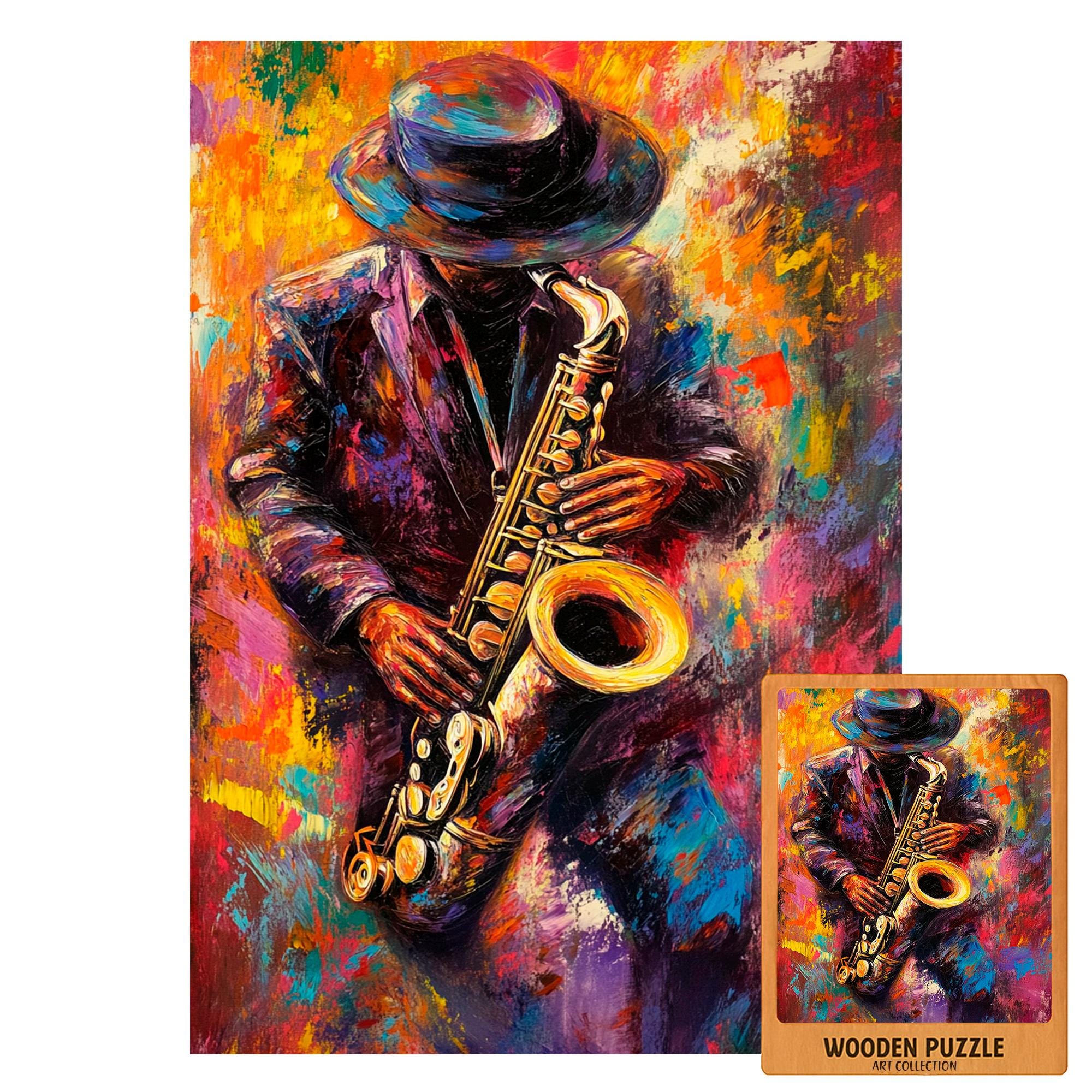 Jazz Saxophone Wooden Puzzle – Vibrant Musician Painting, Colorful ...