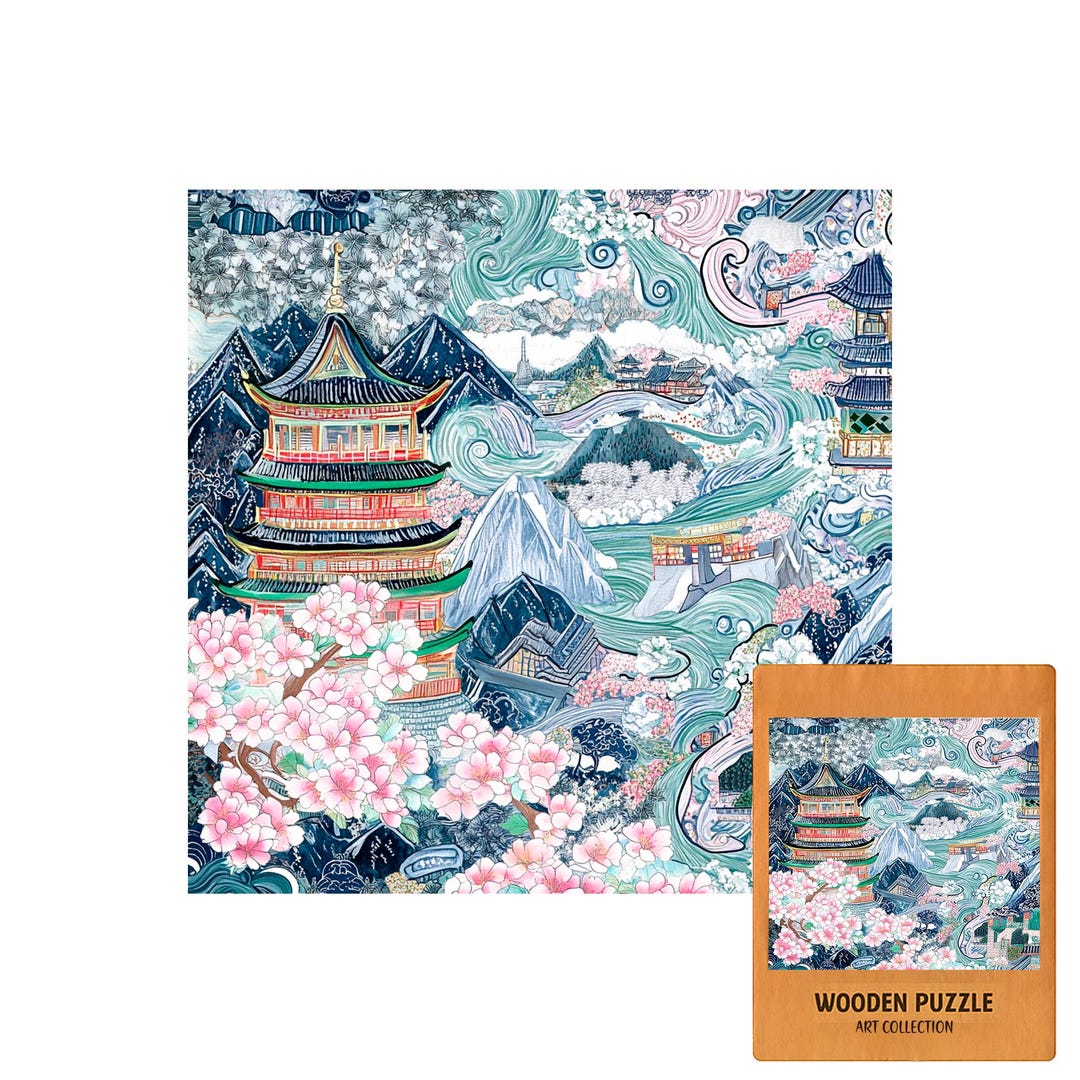 Japanese Temple Wooden Puzzle – Mount Fuji & Sakura Art, Vibrant Asian ...