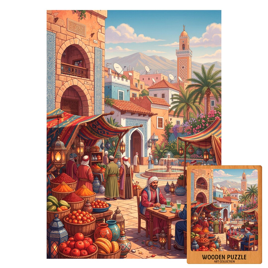 Moroccan Bazaar Wooden Puzzle – Vibrant Market Scene With Spices ...