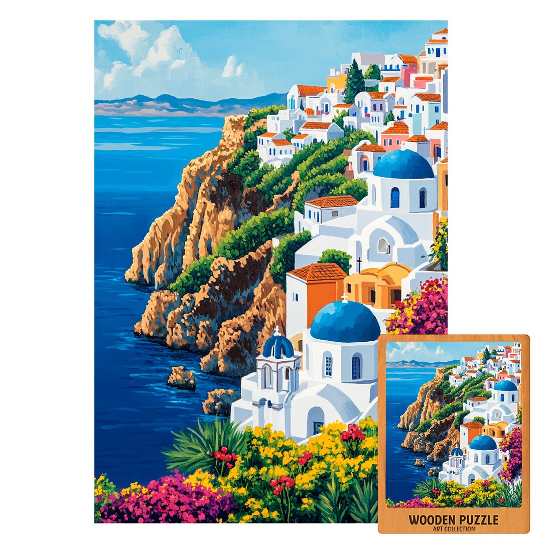 Santorini Cliffside Puzzle | Wooden Greece Puzzle With White Domes ...