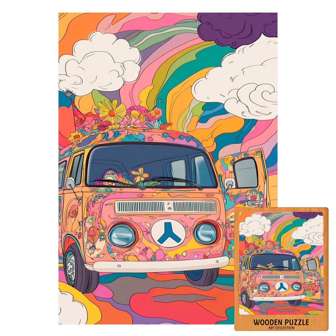 Hippie Van Wooden Puzzle – Groovy Retro Bus With Rainbow Colors ...