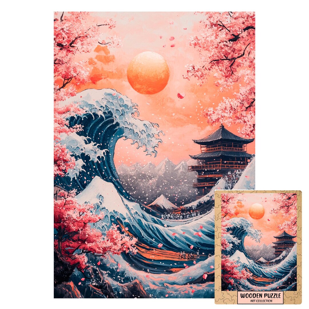 Great Wave Snow Sakura Puzzle | Japanese Sunset Puzzle With Cherry ...