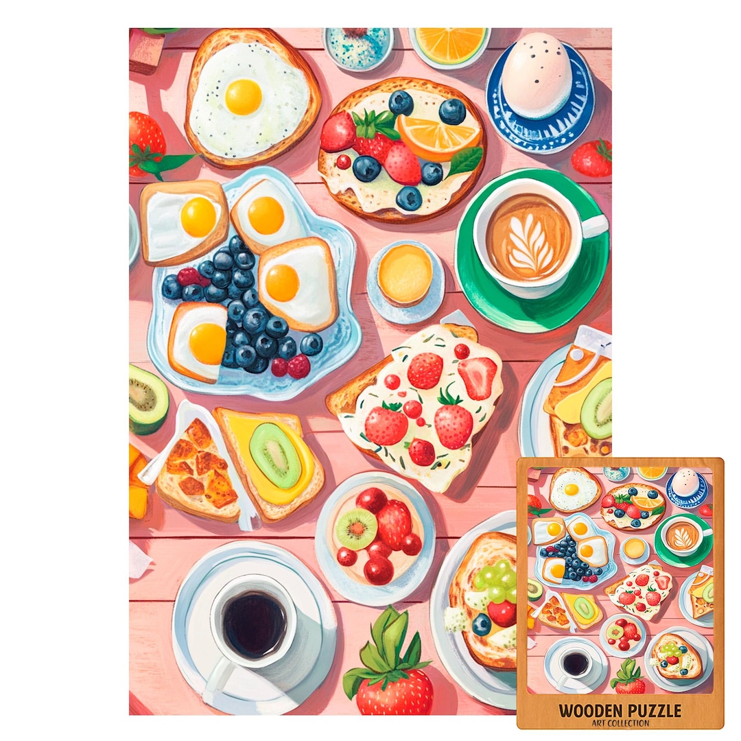 Breakfast Wooden Puzzle Food Art Jigsaw Brunch Coffee Fruit Toast Eggs ...