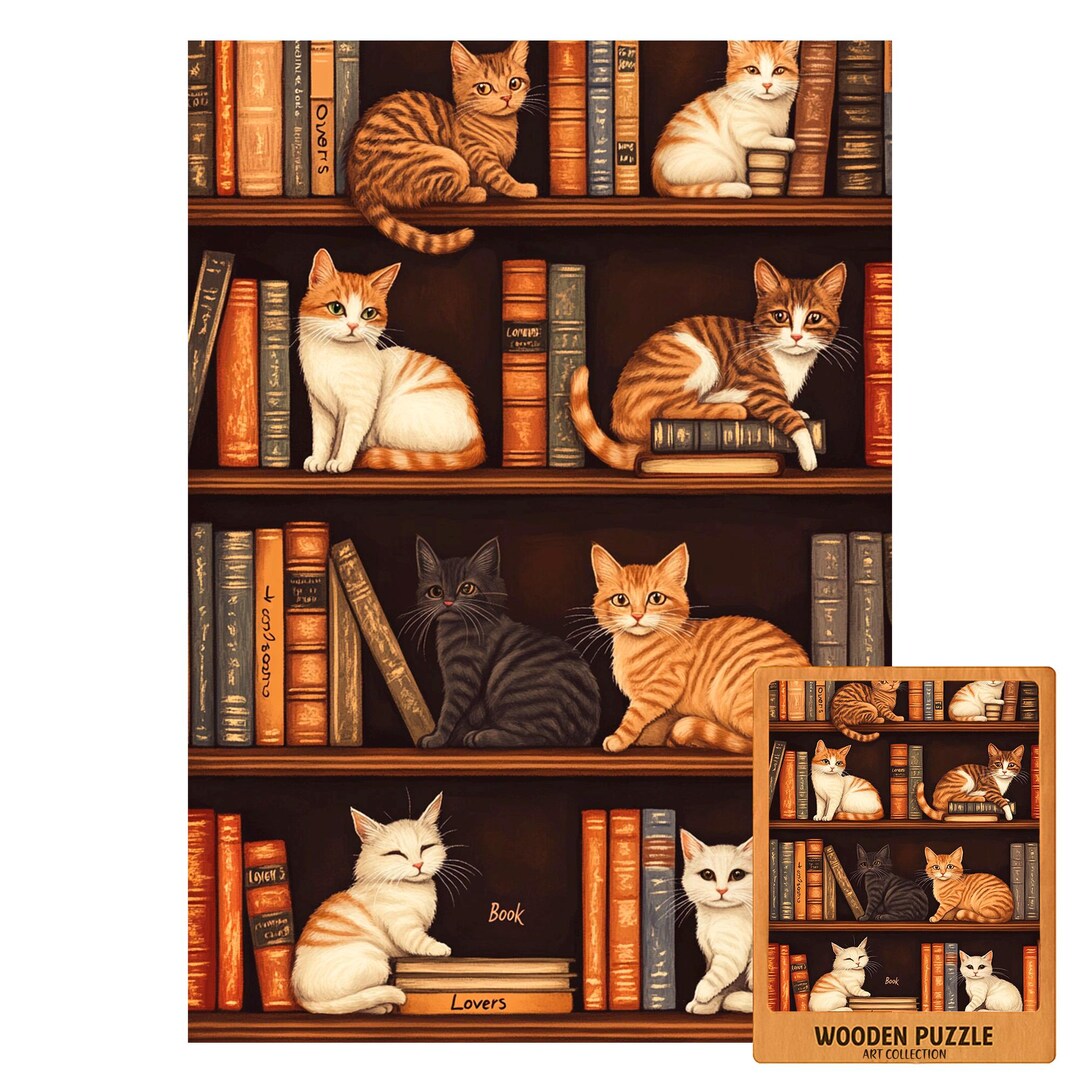 Wooden Puzzle Cats in the Library | Cute Book Lover Cat Puzzle for ...