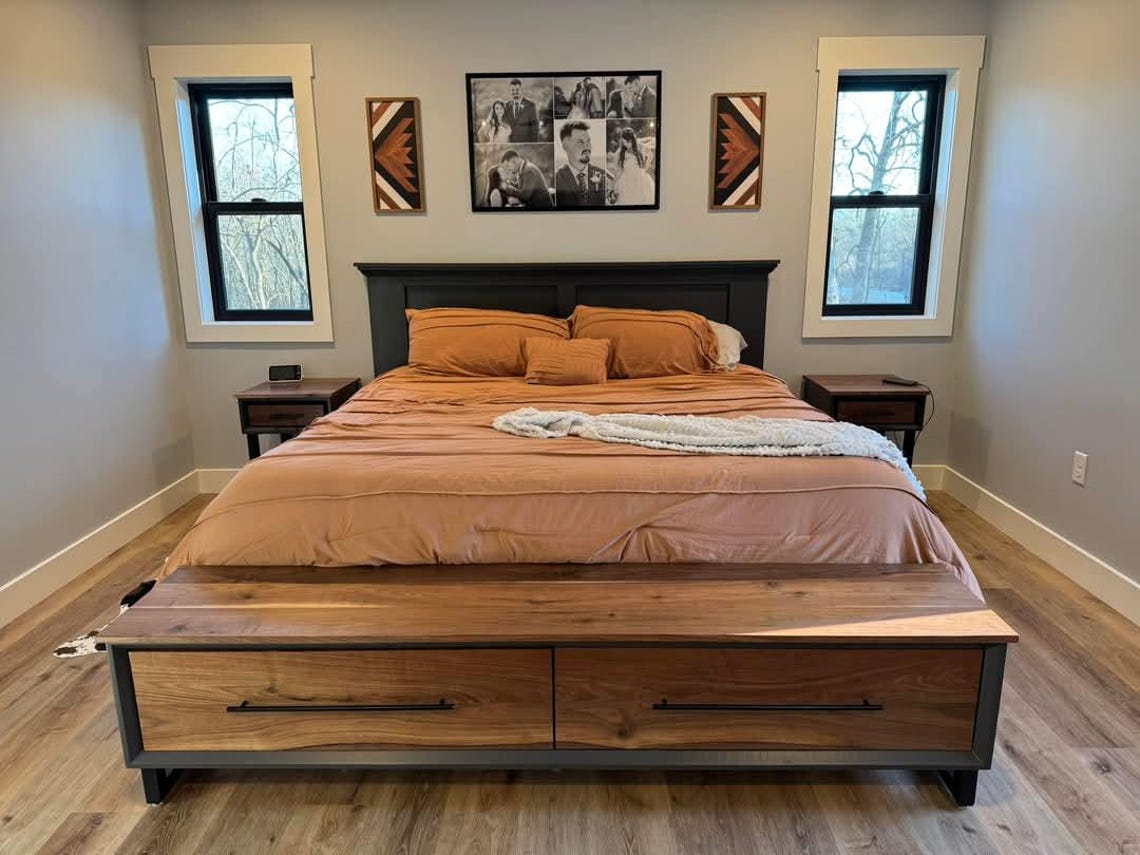 Platform Bed With Built in Bench With Storage. Walnut Tops and Fronts ...