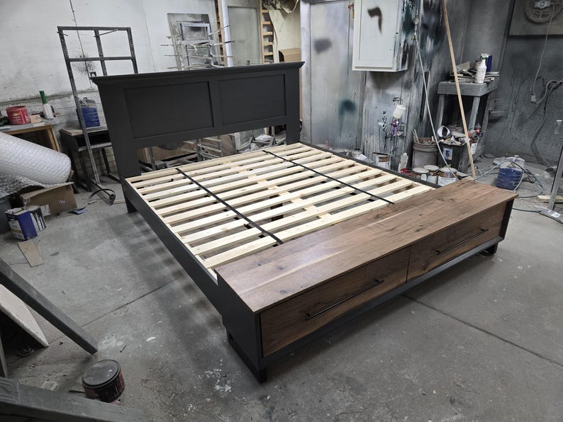 Platform Bed With Built in Bench With Storage. Walnut Tops and Fronts ...