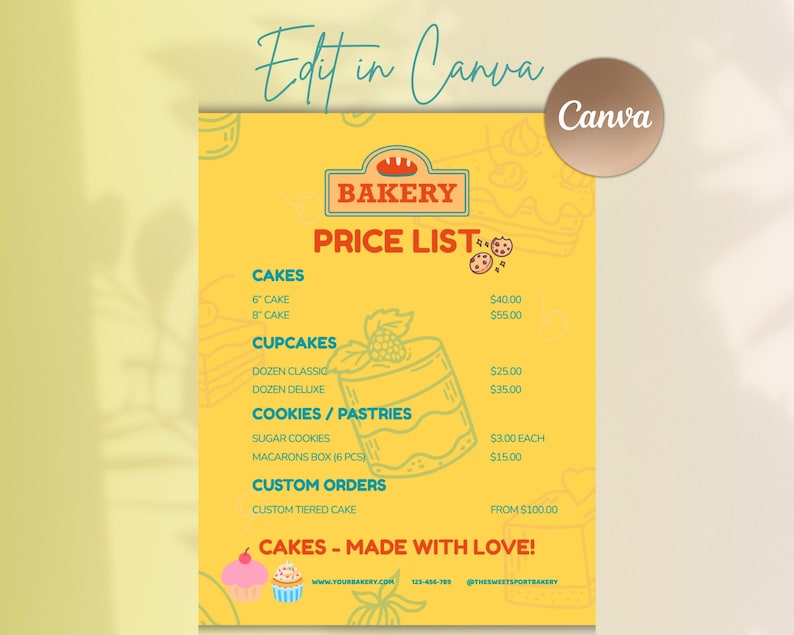 Editable Bakery Pricing Guide Template Colorful Cake Business Price ...