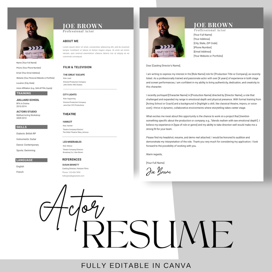 Actor Resume Template With Headshot 8x10 Acting CV Theatre Resume Canva ...