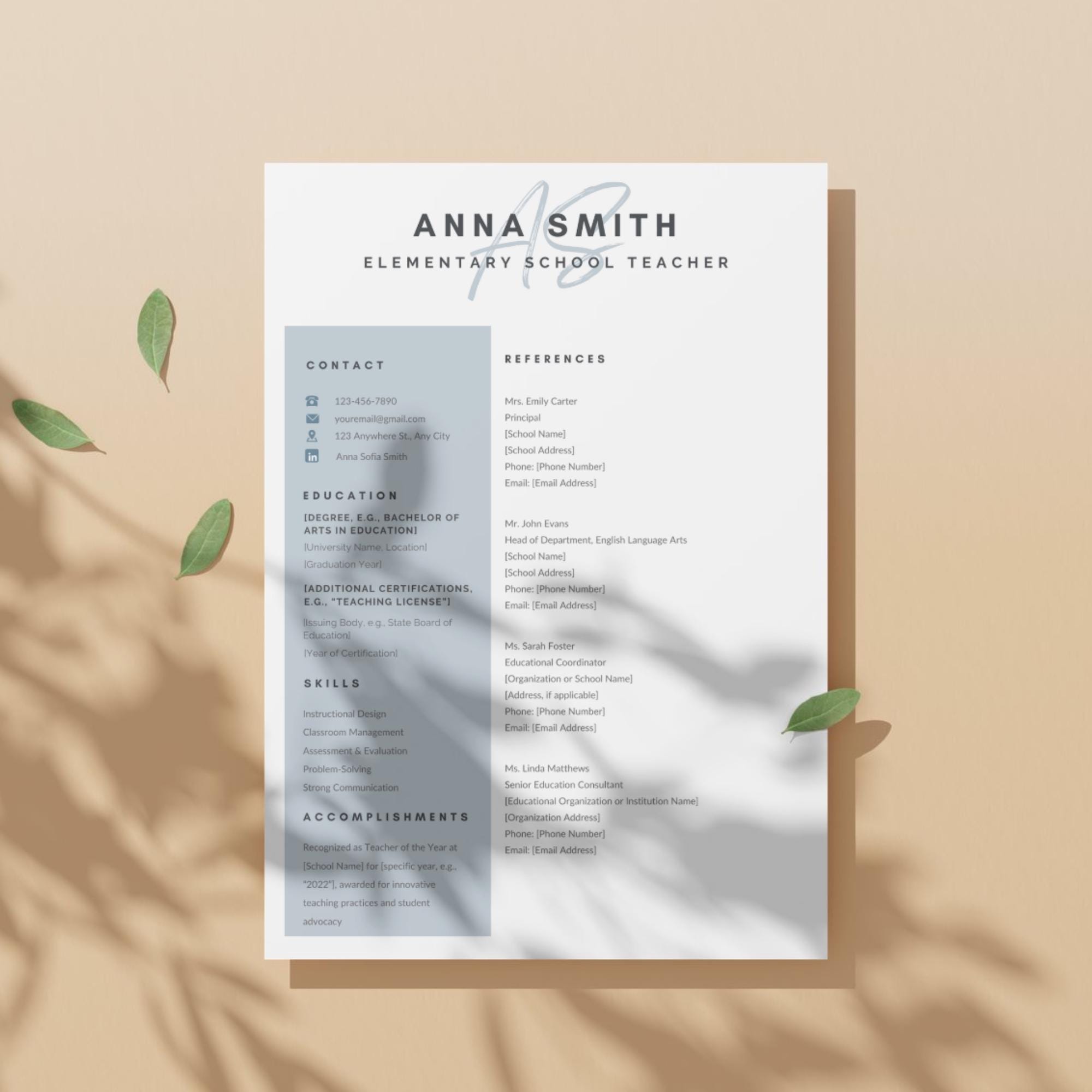 Teacher Resume Template: Modern CV, Cover Letter Elementary School ...