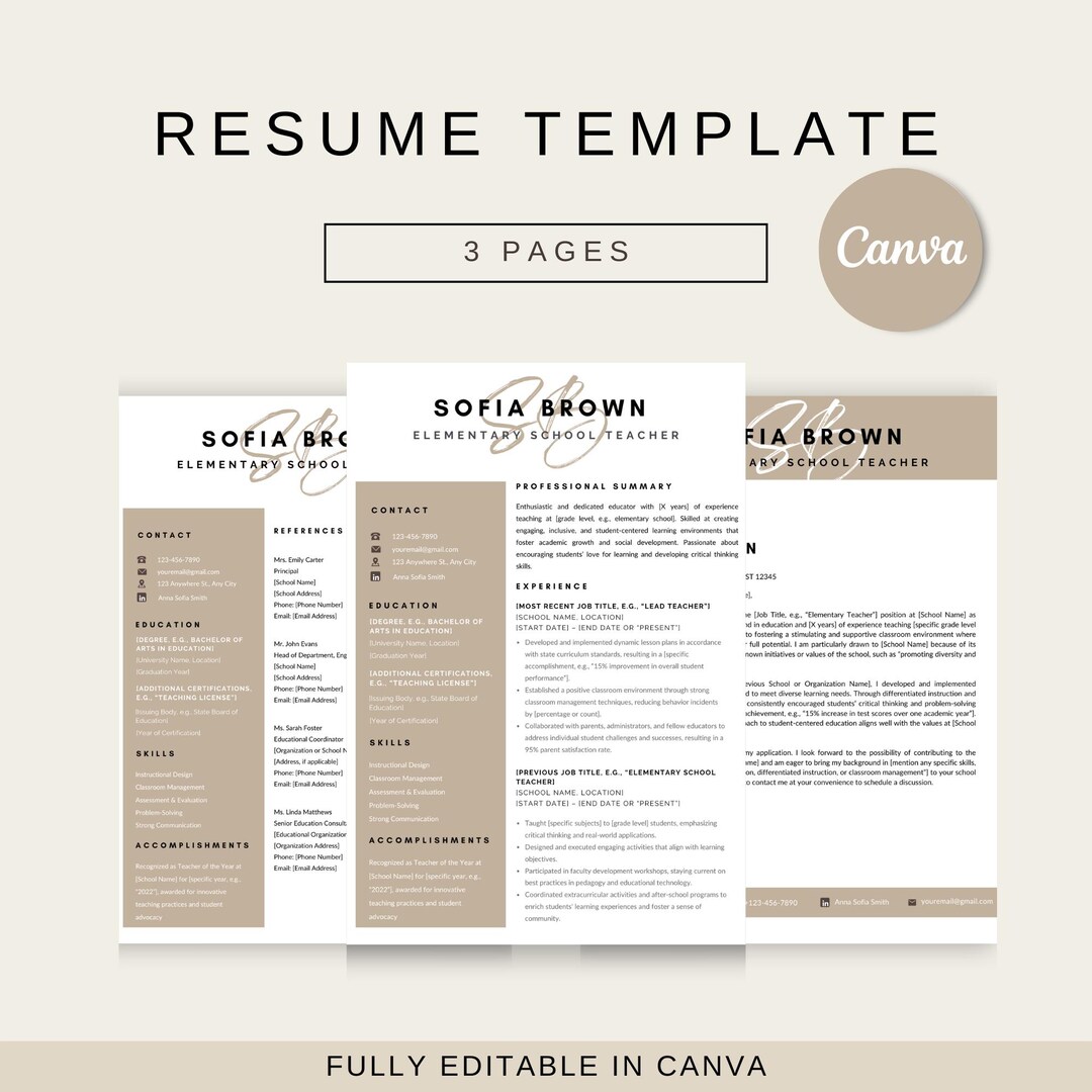 Teacher Resume Template Canva 3-page Resume Cover Letter References ...