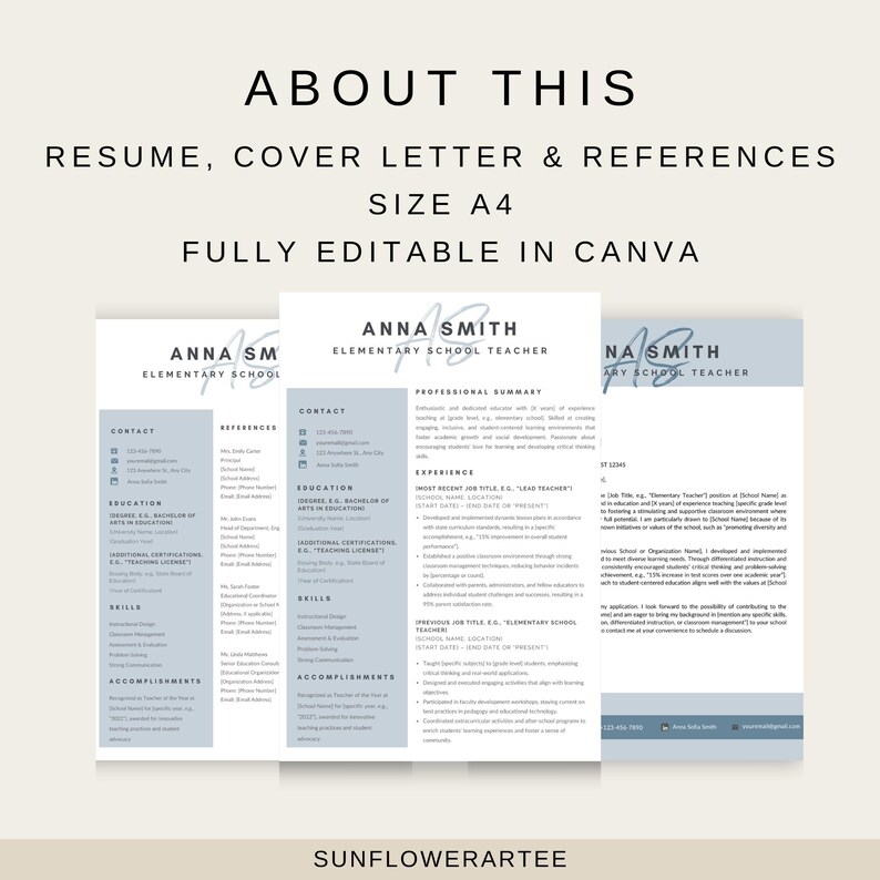 Teacher Resume Template Canva 3-page Resume Cover Letter References ...