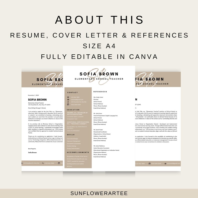 Teacher Resume Template Canva 3-page Resume Cover Letter References ...