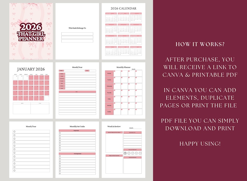 2026 Planner Soft Pink Digital Planner A4 Canva Editable Printable PDF ...